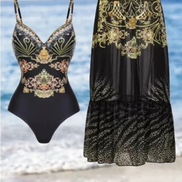 noracora | Swim | Chic Black Swimsuit With Gold Floral Accents And ...